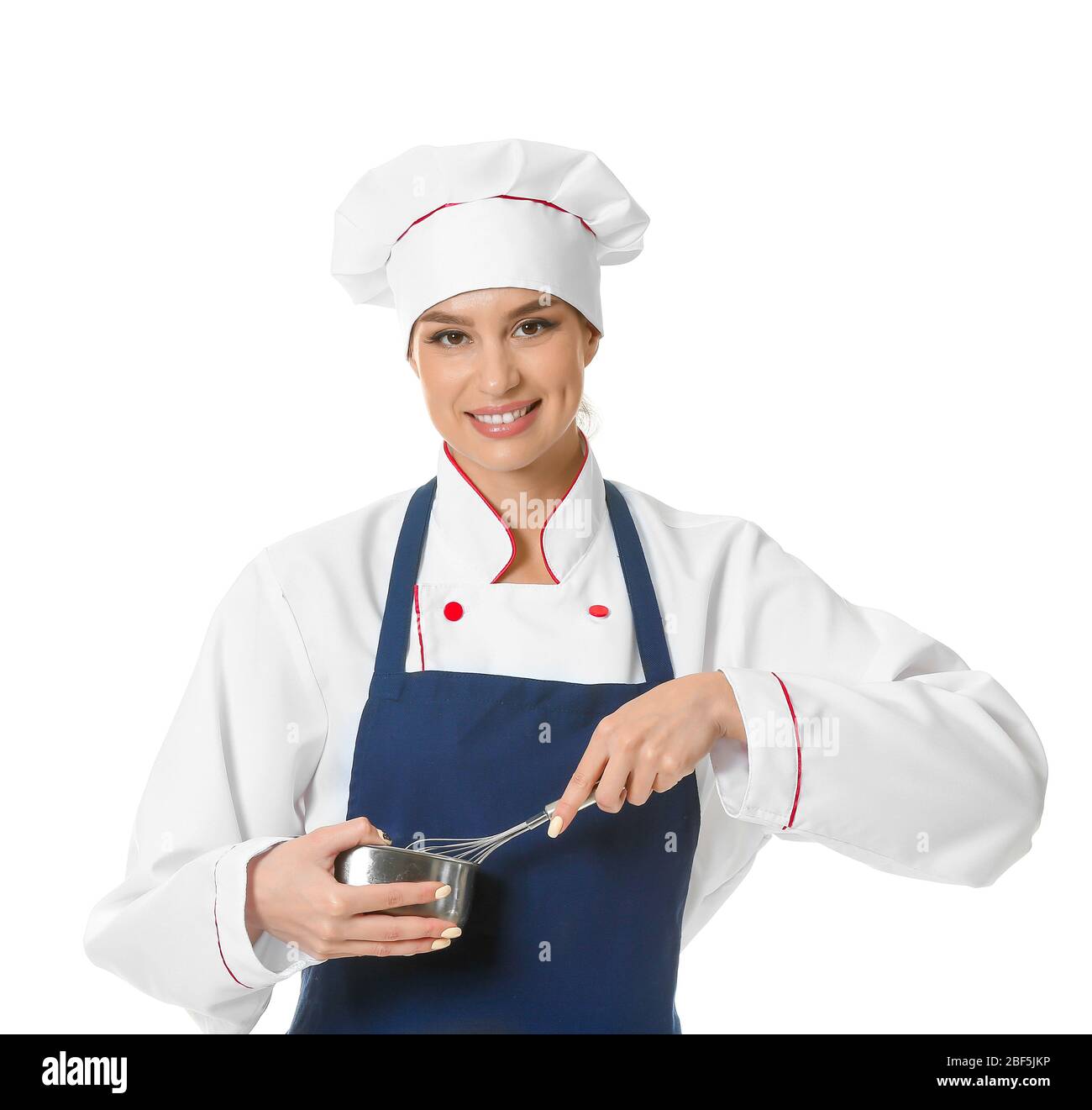 Beautiful female chef on white background Stock Photo - Alamy