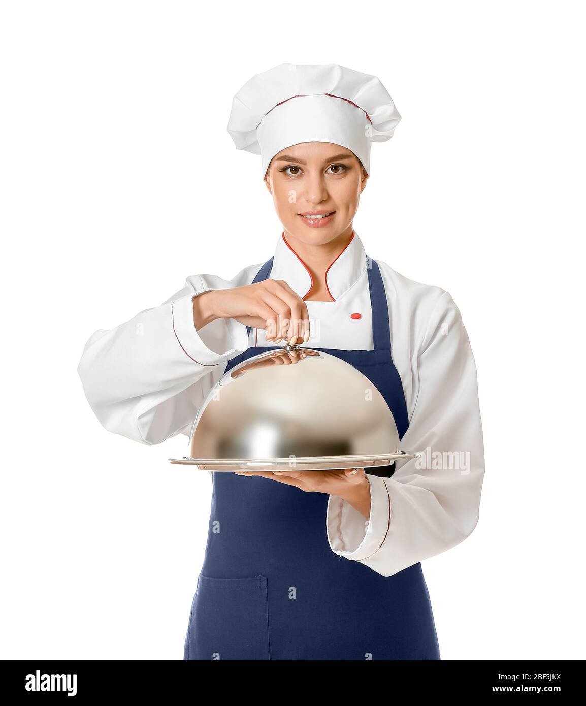 Beautiful female chef with tray and cloche on white background Stock ...