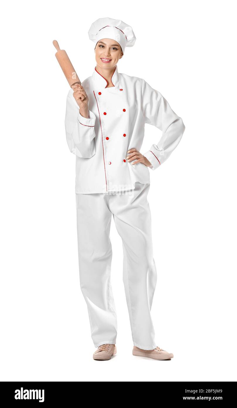 Beautiful female chef on white background Stock Photo - Alamy