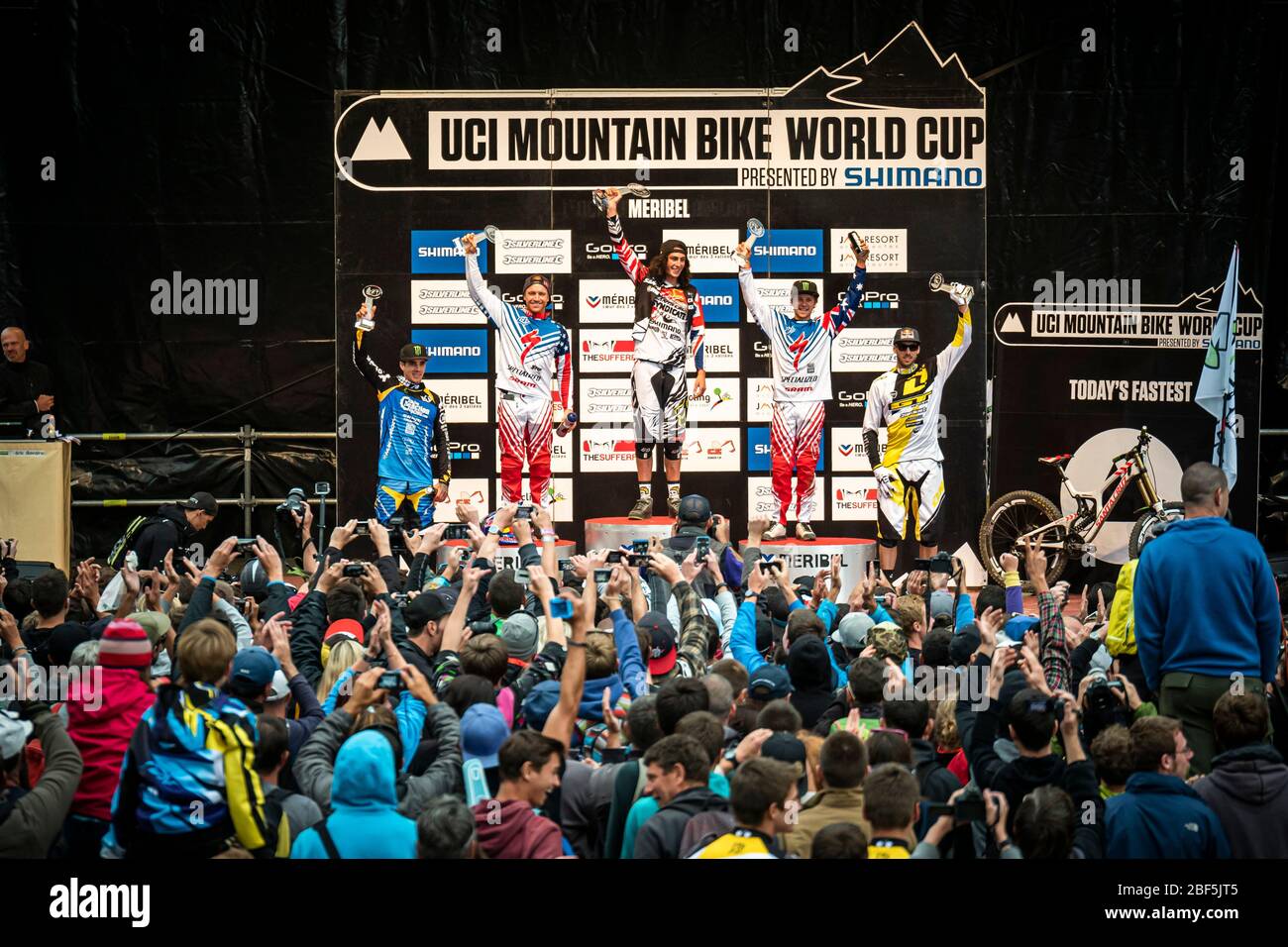 MERIBEL, FRANCE - AUGUST 23, 2014. UCI Mountain Bike Downhill World Cup ...