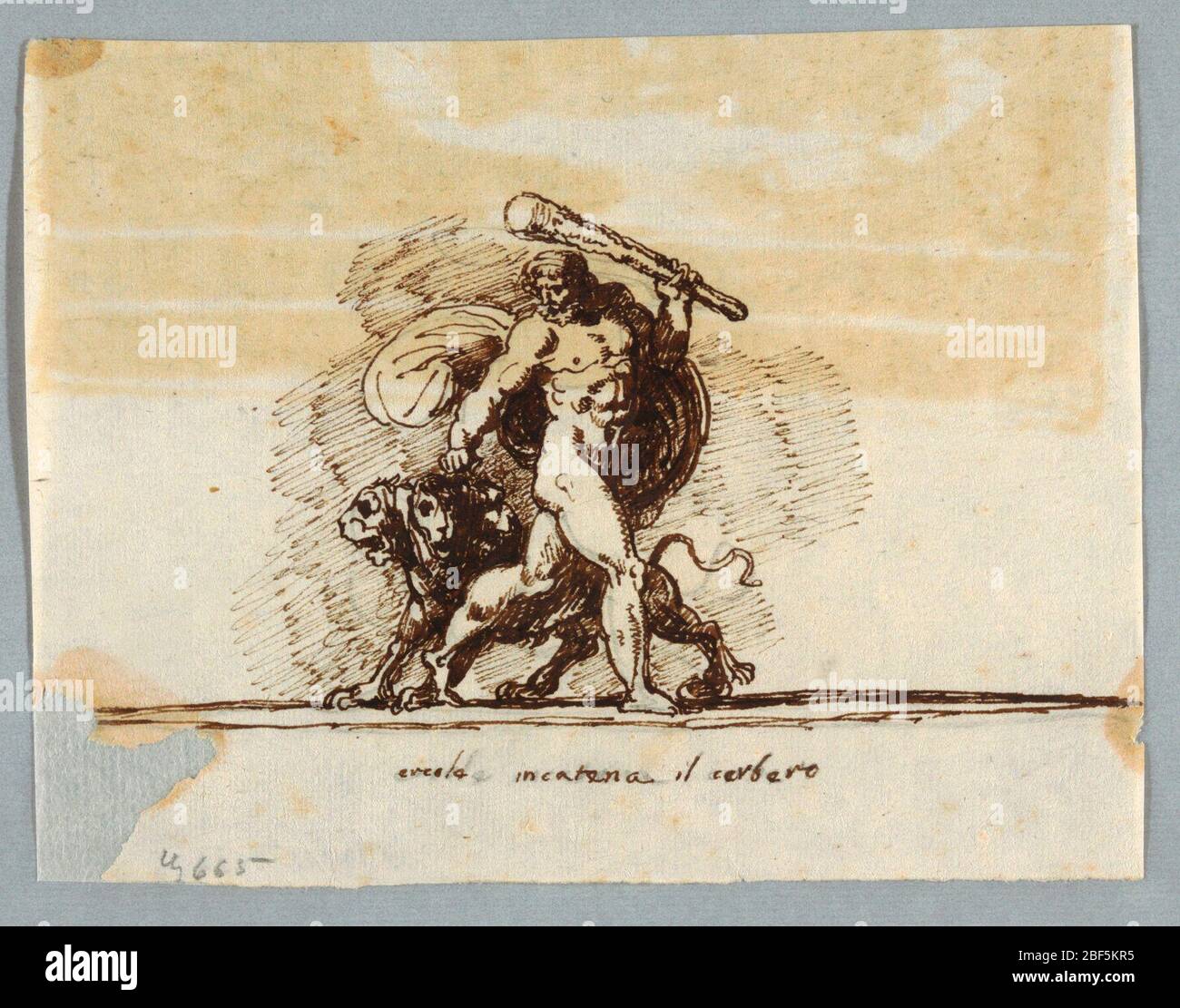 Hercules and Cerberus. Hercules shown walking toward right, holding ...