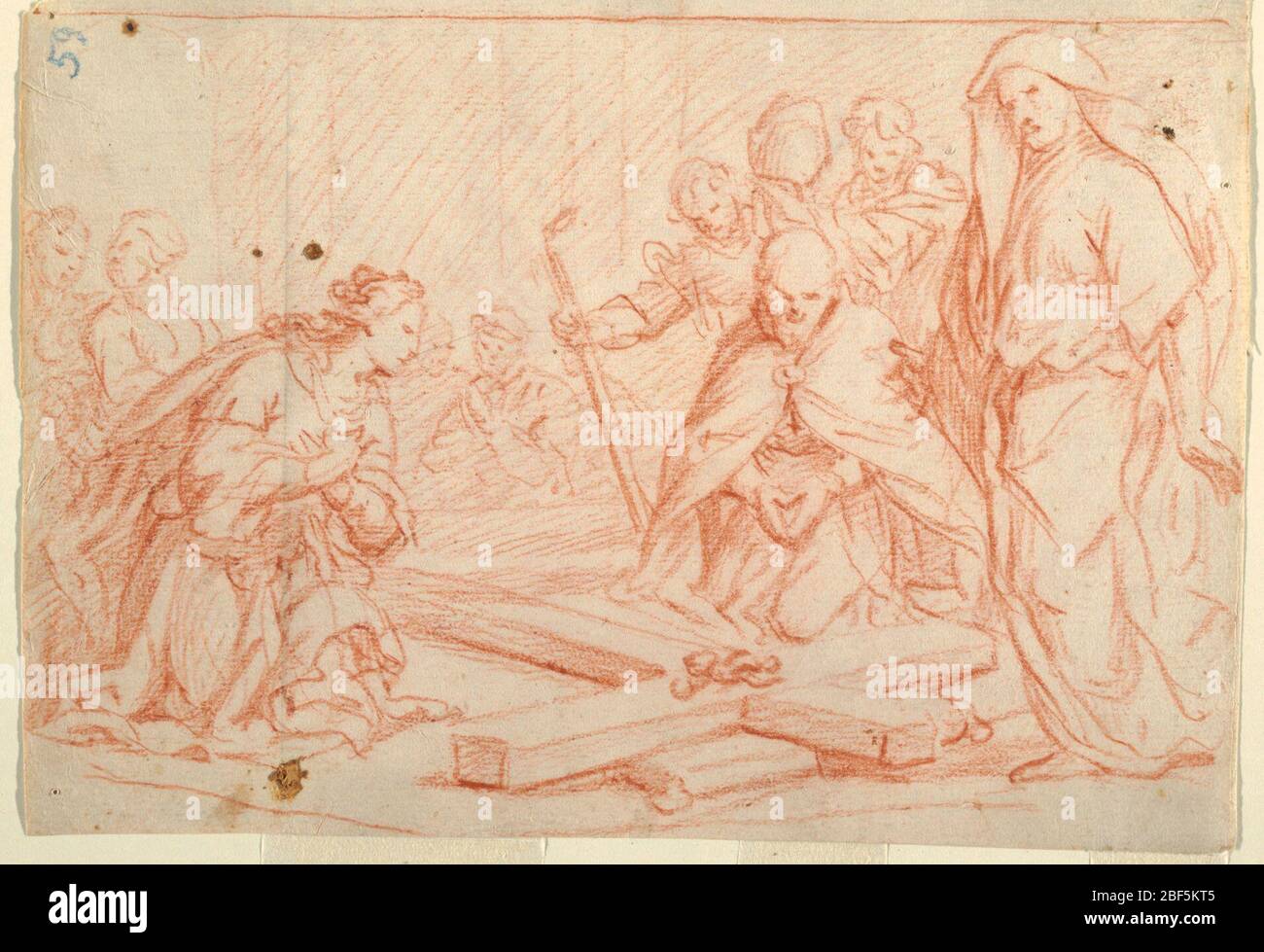 Finding of the Cross. Several men and a woman kneel and bend in ...
