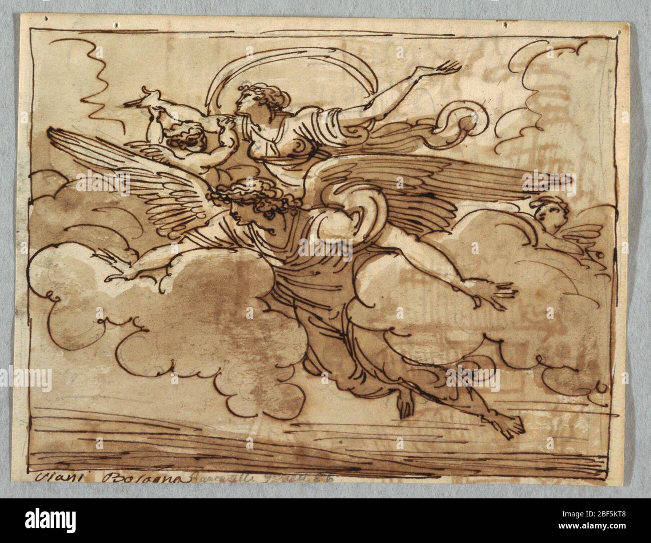 A Woman Supported by a Flying Angel. Large, magnificently winged angel ...