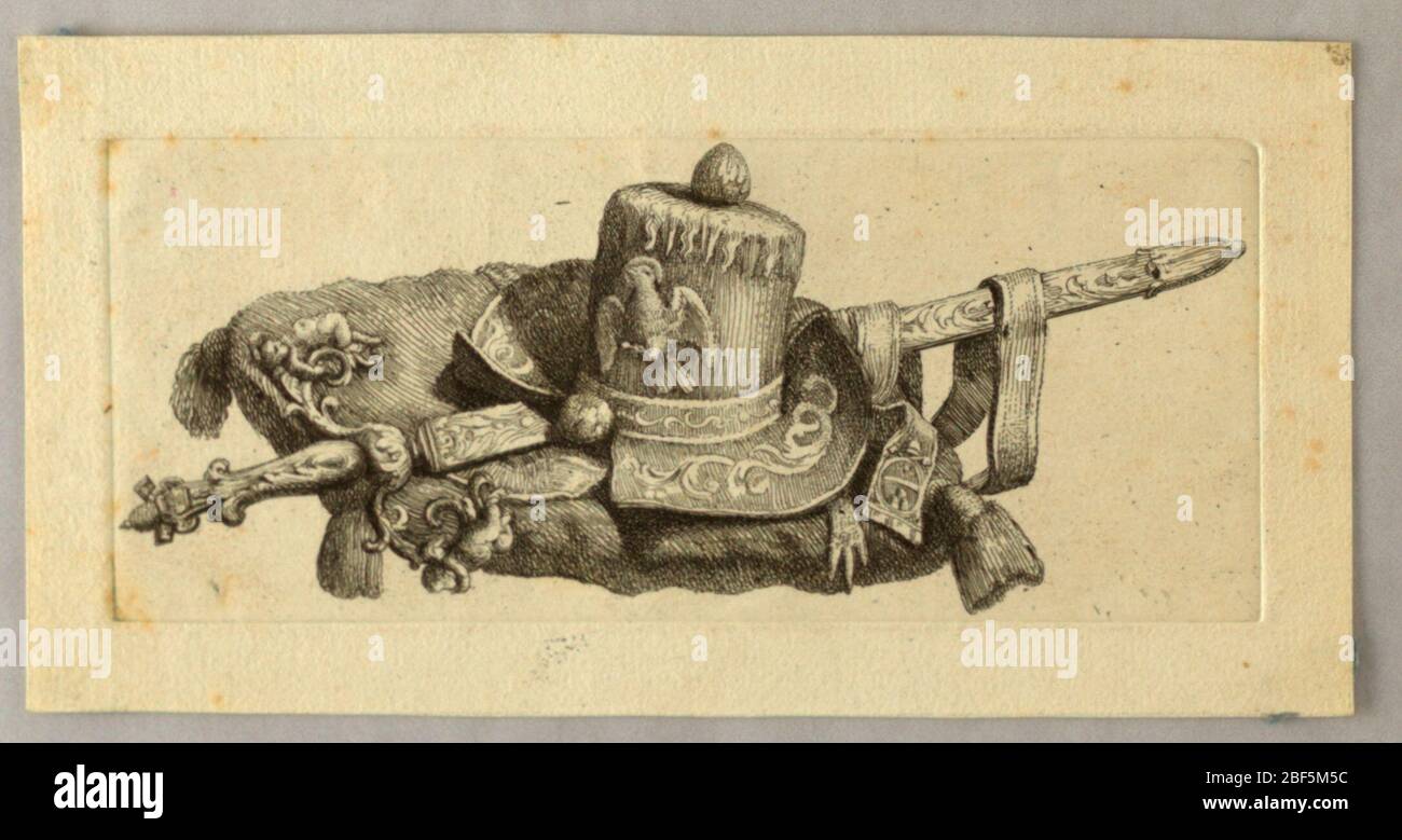 Vignette A Blessed Sword and Hat. Lying on a cushion. With the coat of ...