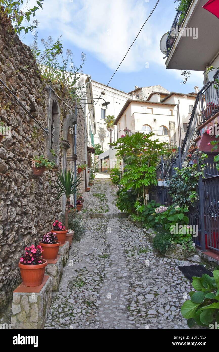 A narrow street between the old houses of Atina, a rural village in the ...
