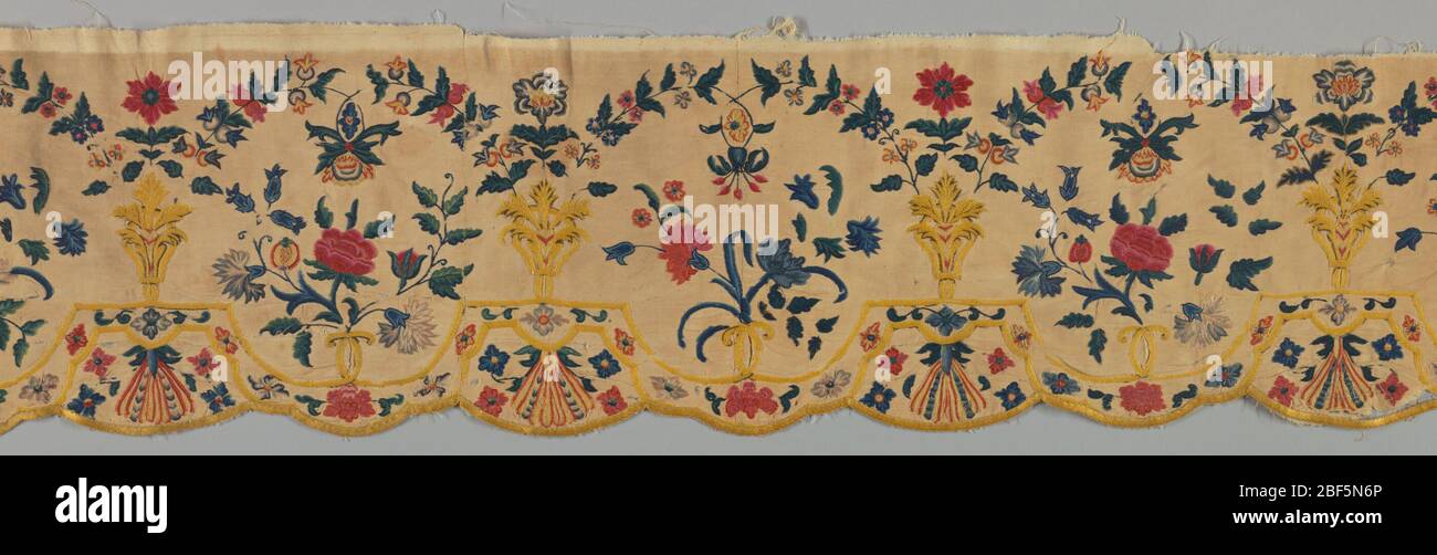 Textile. Narrow valance. Closely woven cotton (tabby weave) embroidered ...
