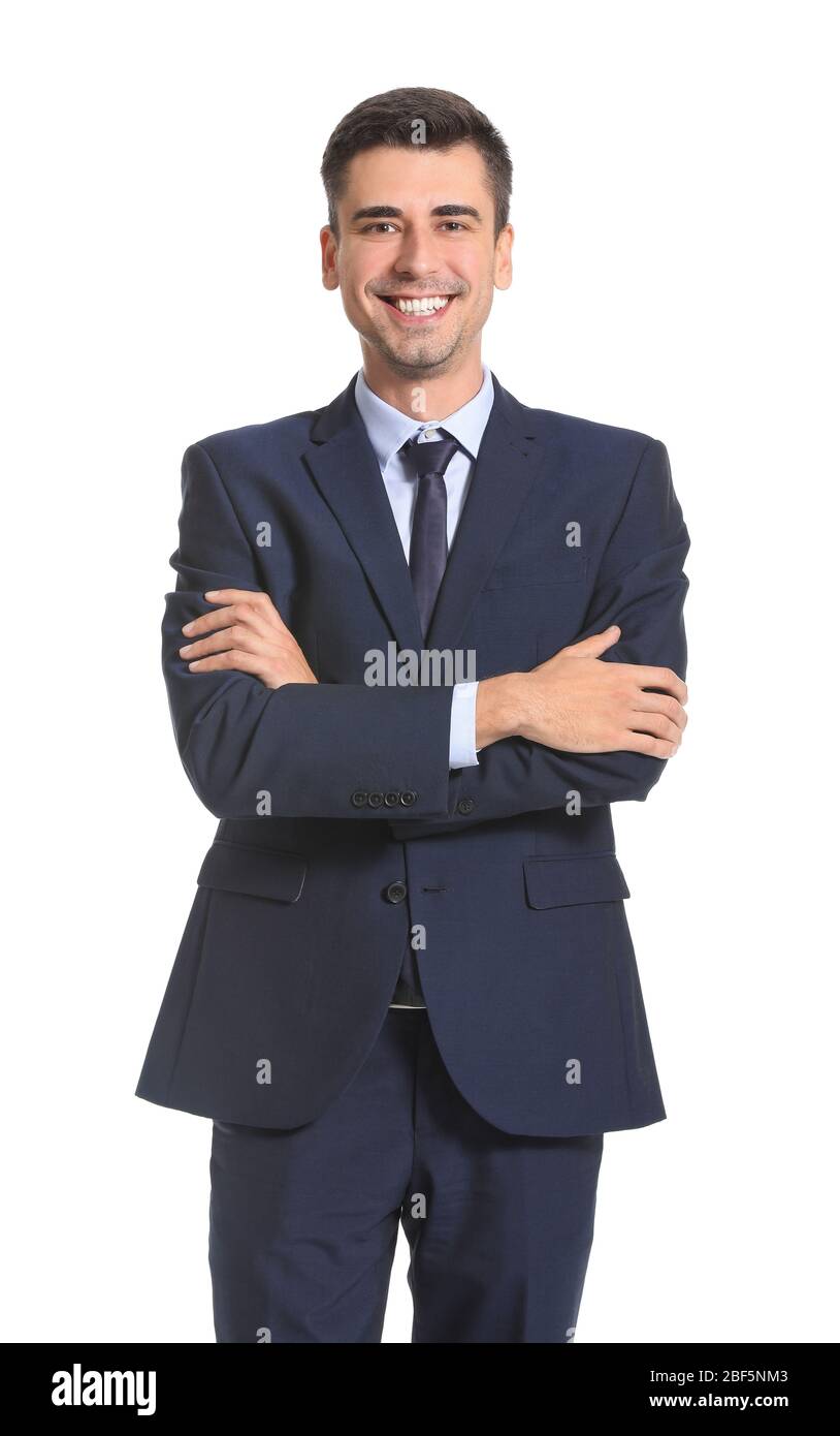 Male bank manager on white background Stock Photo - Alamy
