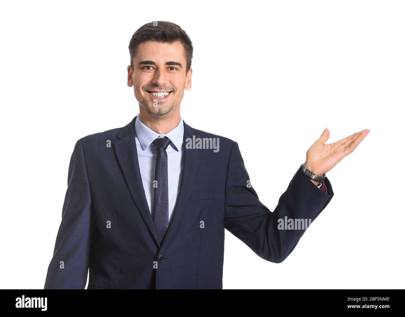 Male bank manager showing something on white background Stock Photo - Alamy