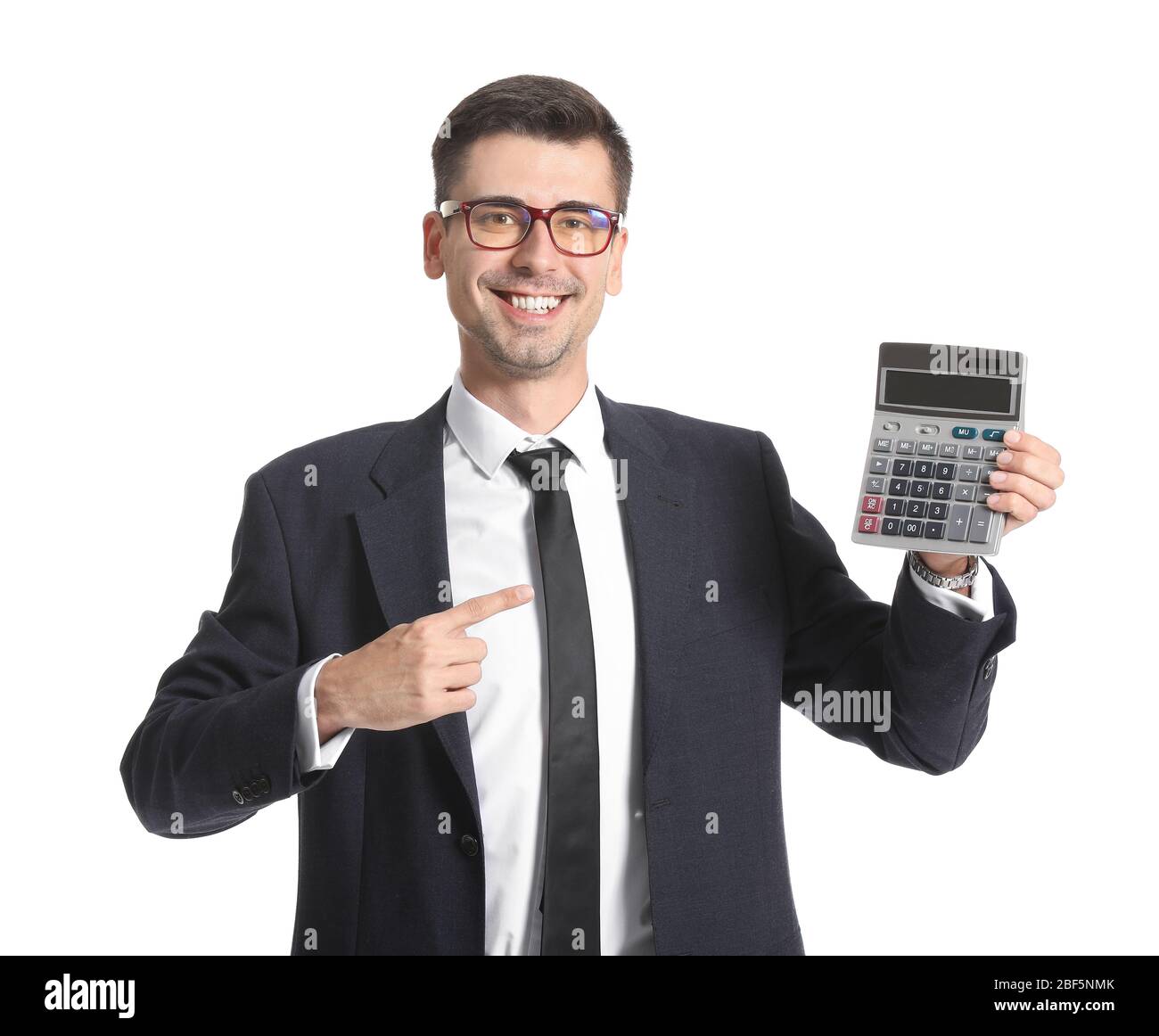 Happy male bank manager with calculator on white background Stock Photo ...