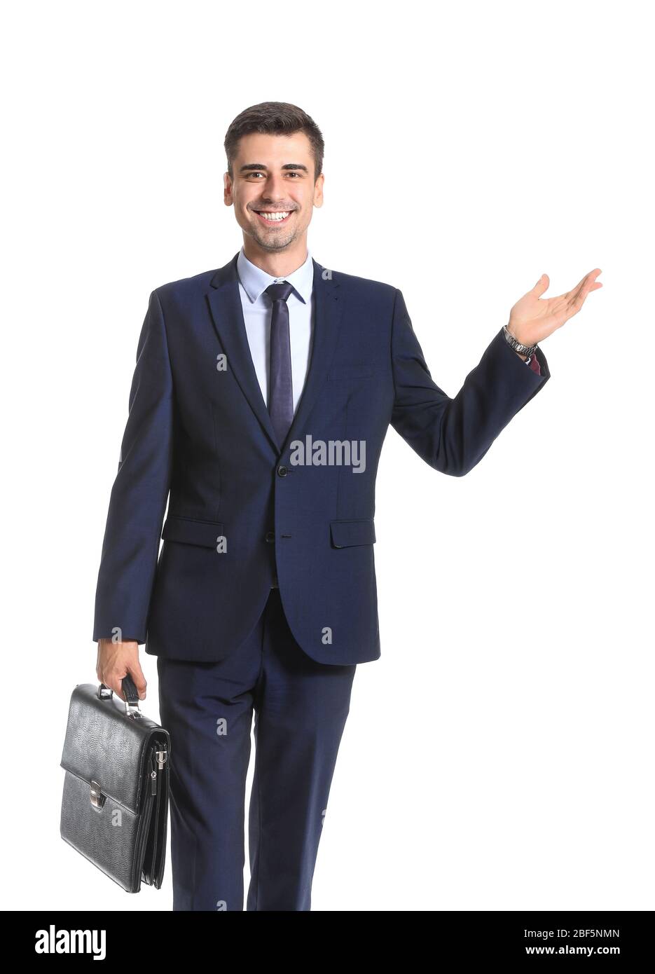 Male bank manager showing something on white background Stock Photo - Alamy