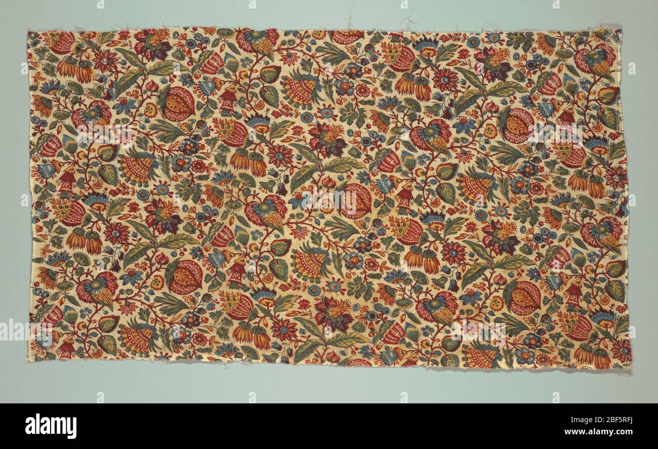 Textile. Half drop repeat of massed flowers and leaves. Black, red ...