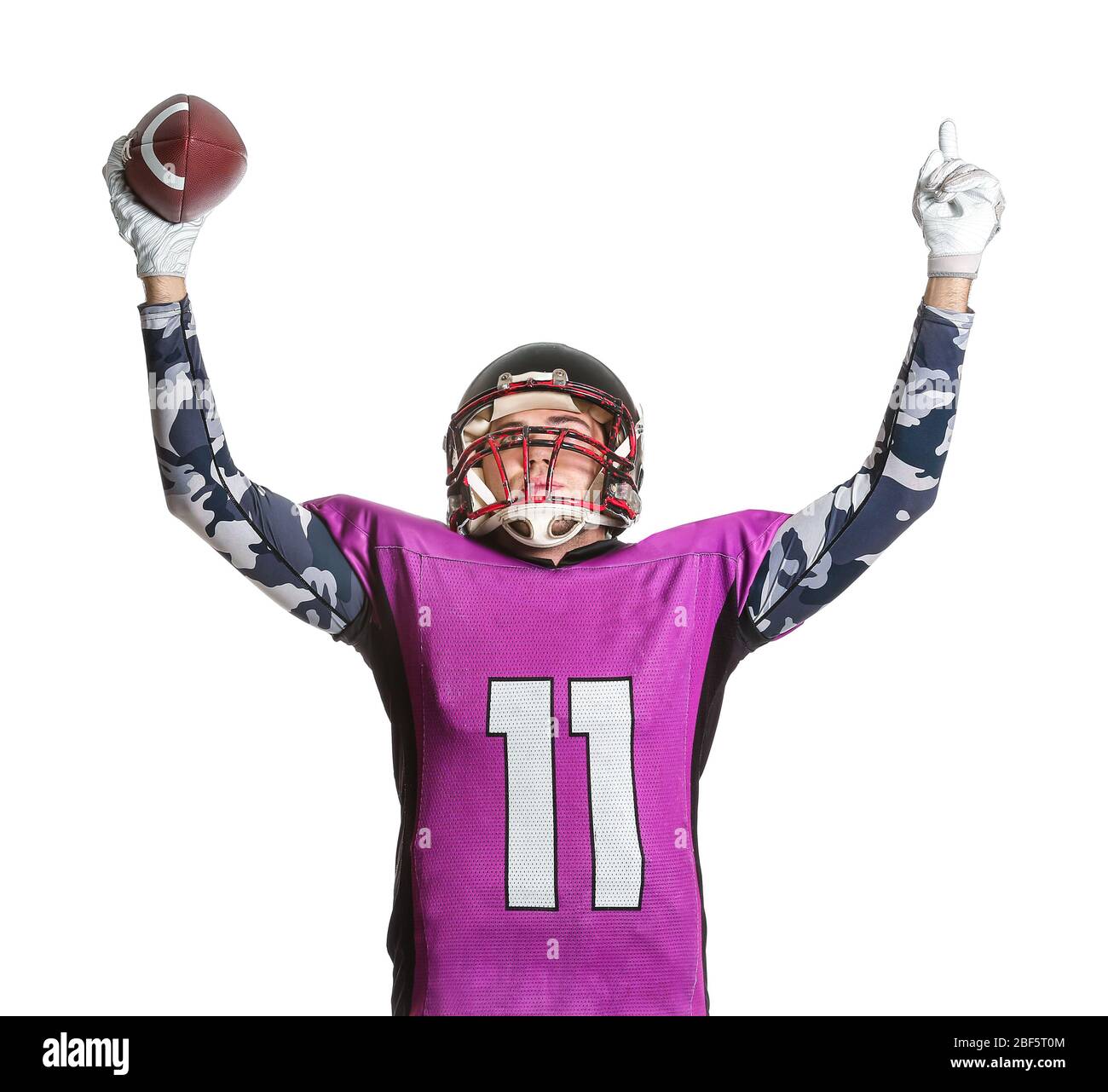 Happy American football player on white background Stock Photo - Alamy