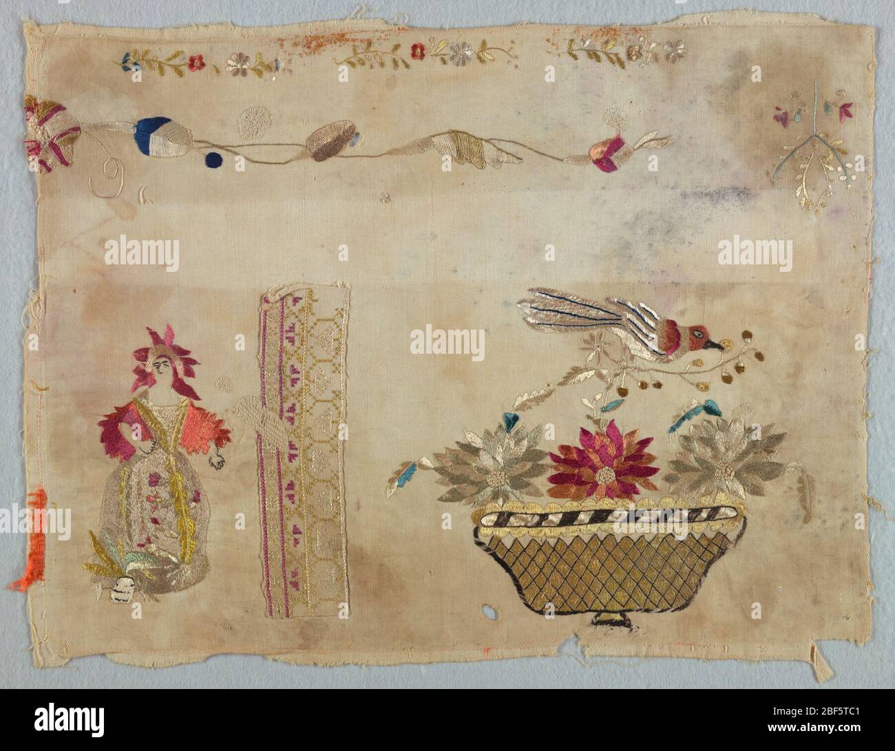 Sampler fragment. Fragment of a sampler embroidered in polychrome silk ...