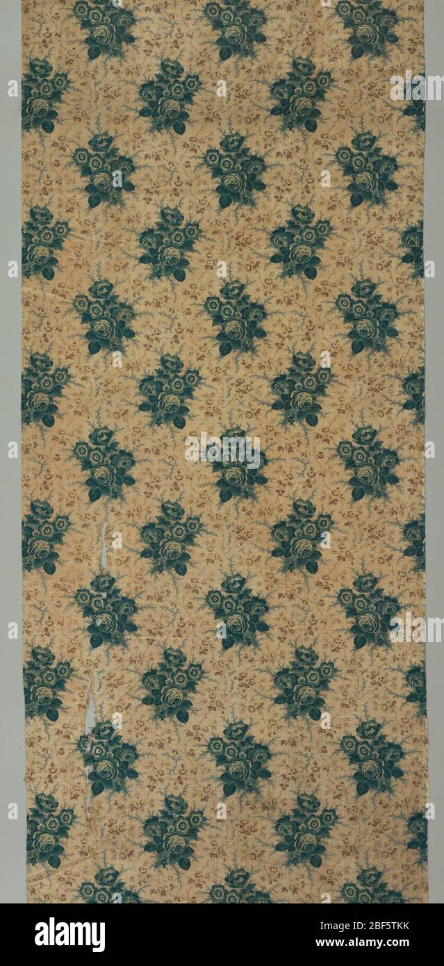 Textile. Brick repeat of clusters of blue roses superimposed on a fine ...