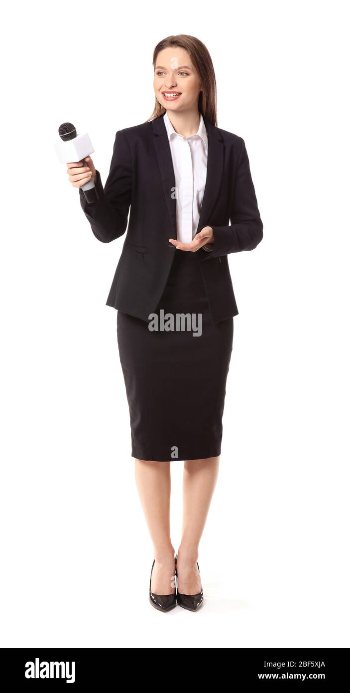 Female journalist on white background Stock Photo - Alamy