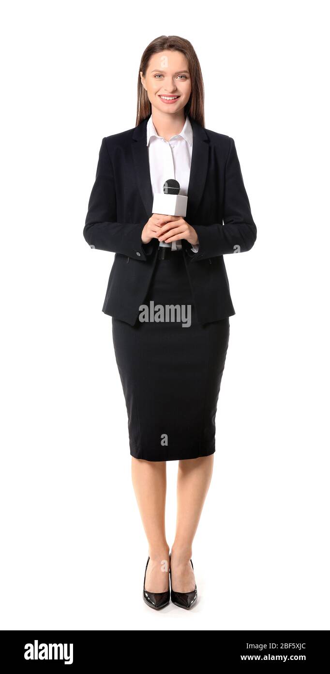 Female journalist on white background Stock Photo - Alamy