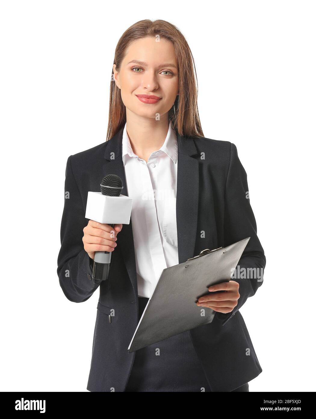 Female journalist on white background Stock Photo - Alamy