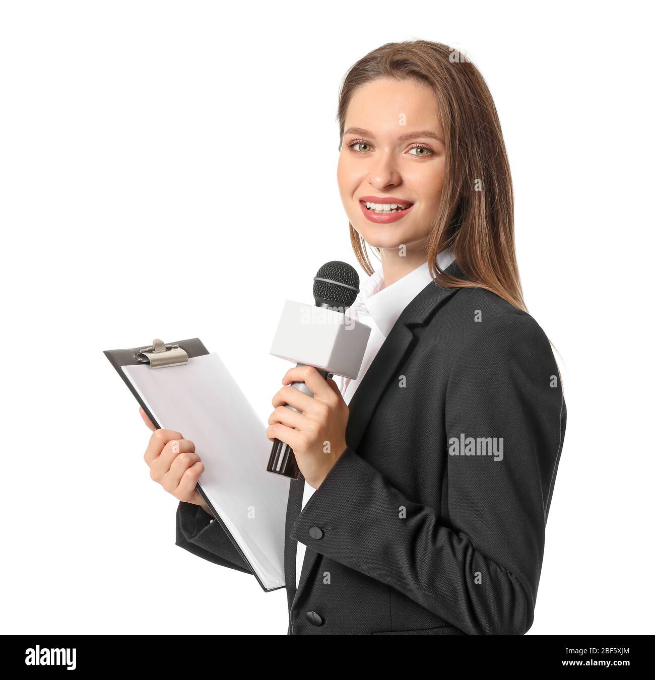 Female journalist on white background Stock Photo - Alamy