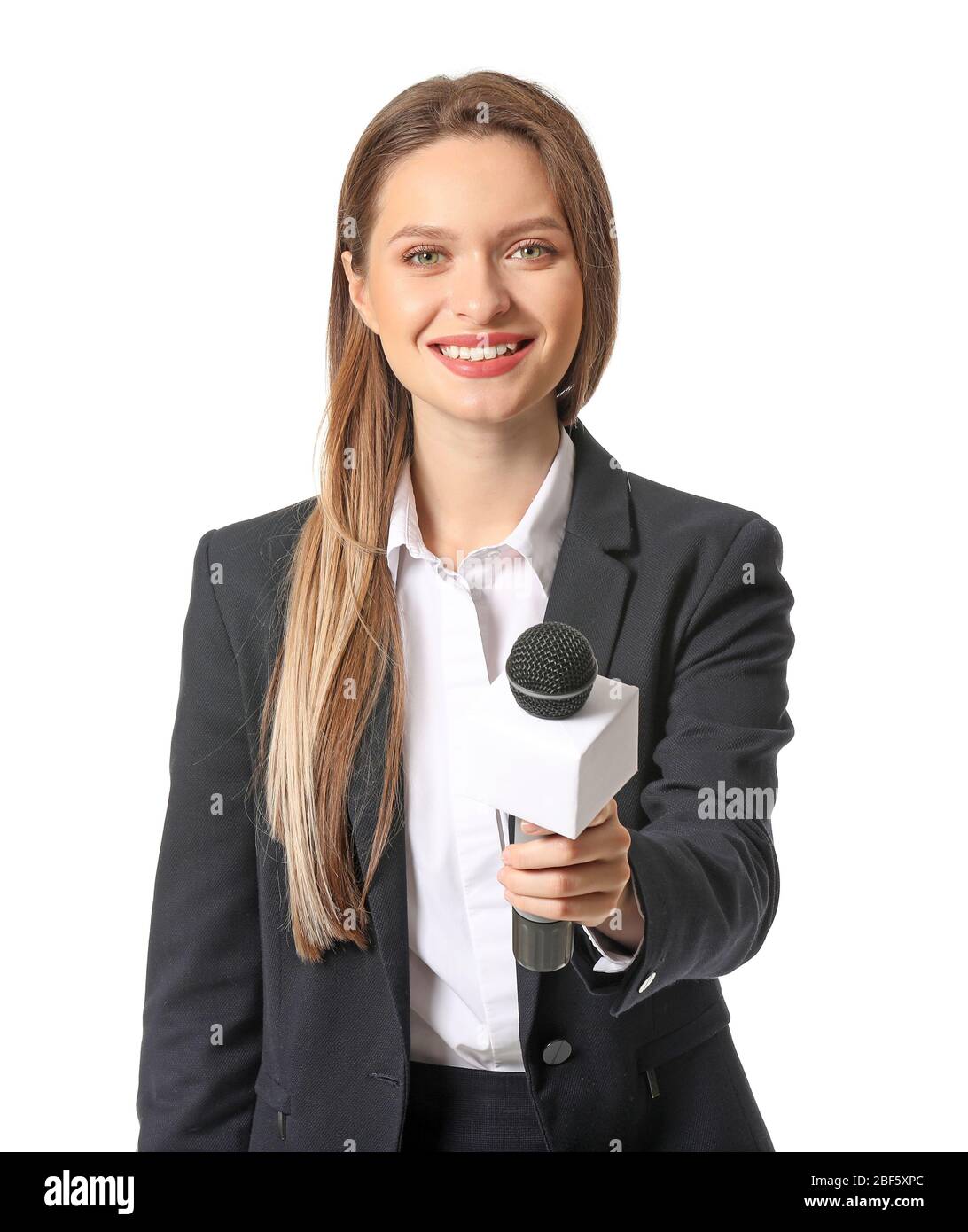 Female journalist on white background Stock Photo - Alamy