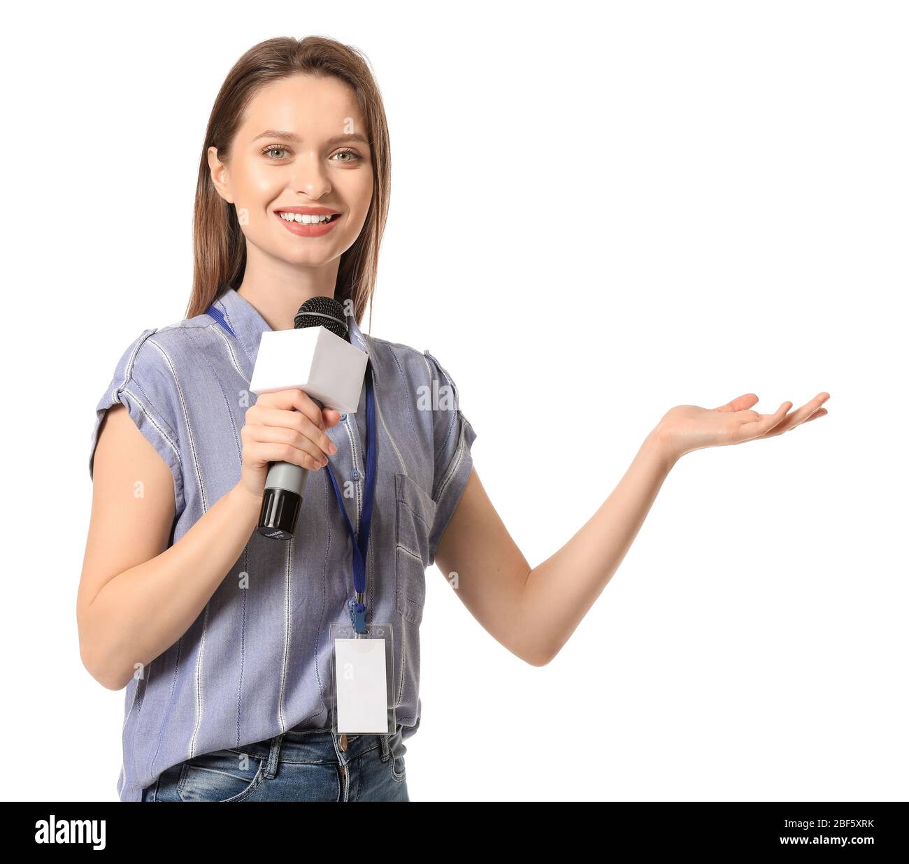 Female journalist on white background Stock Photo - Alamy