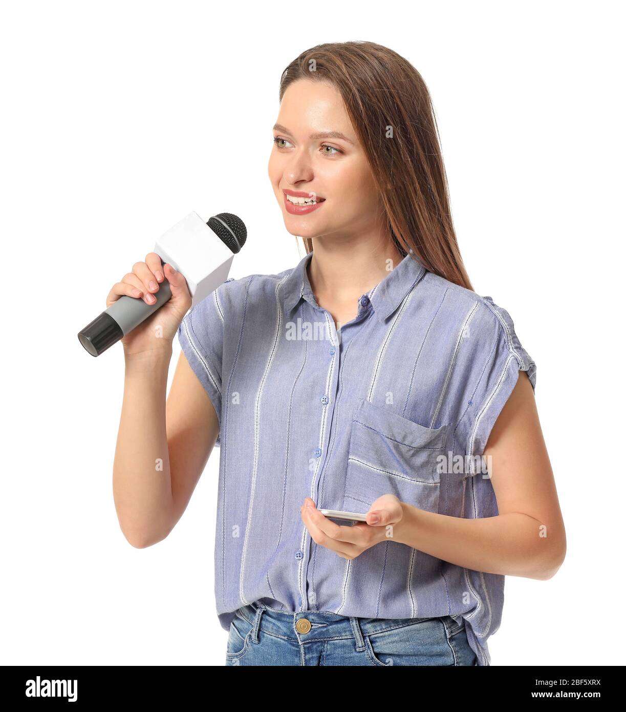 Female journalist on white background Stock Photo - Alamy
