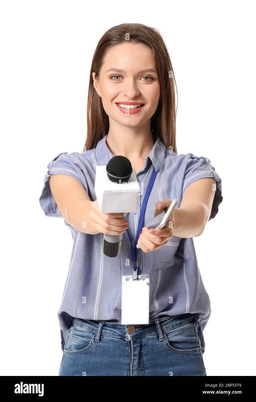 Female journalist on white background Stock Photo - Alamy