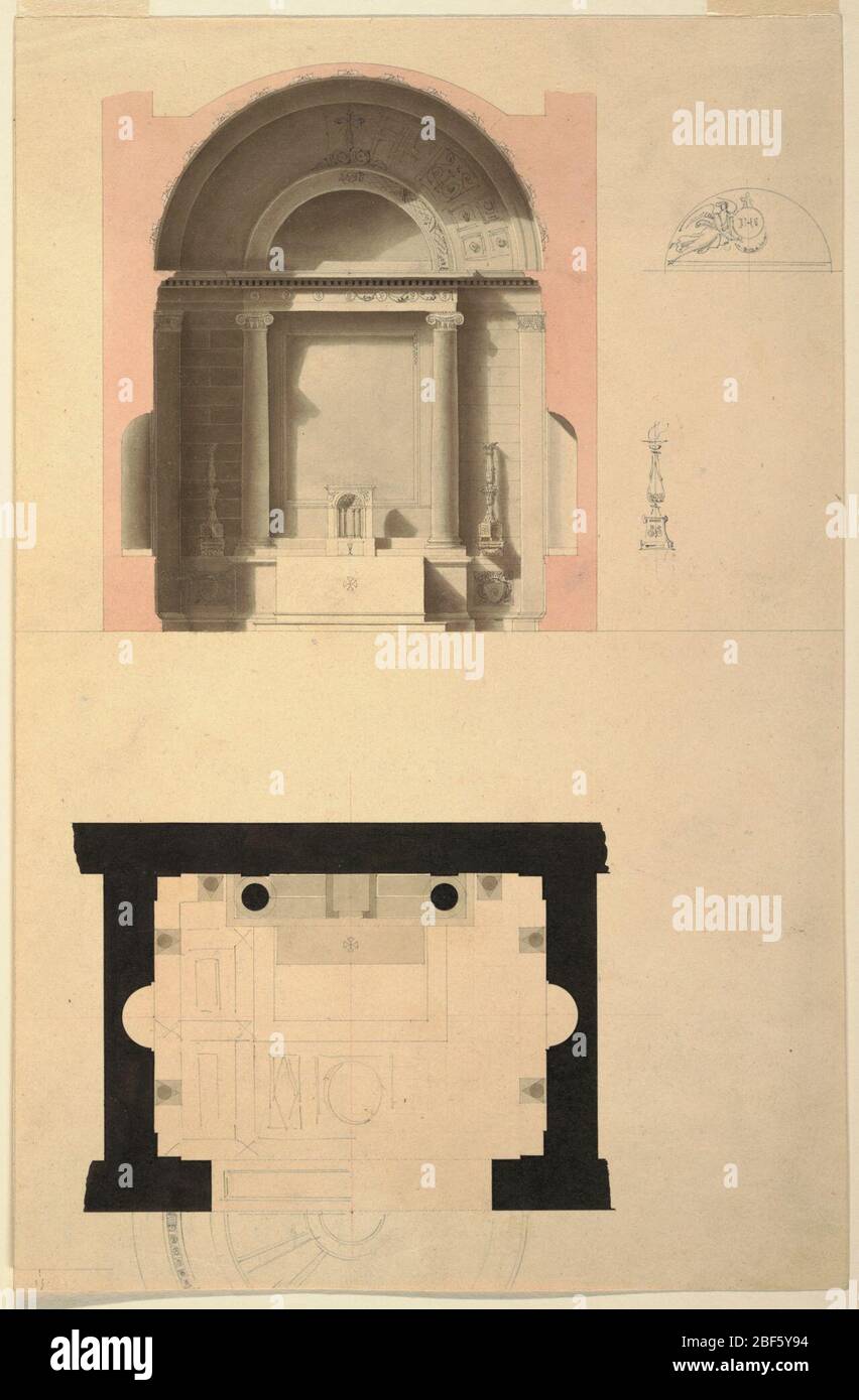 A Chapel Elevation and Floor Plan. Architectural details. Top: section ...