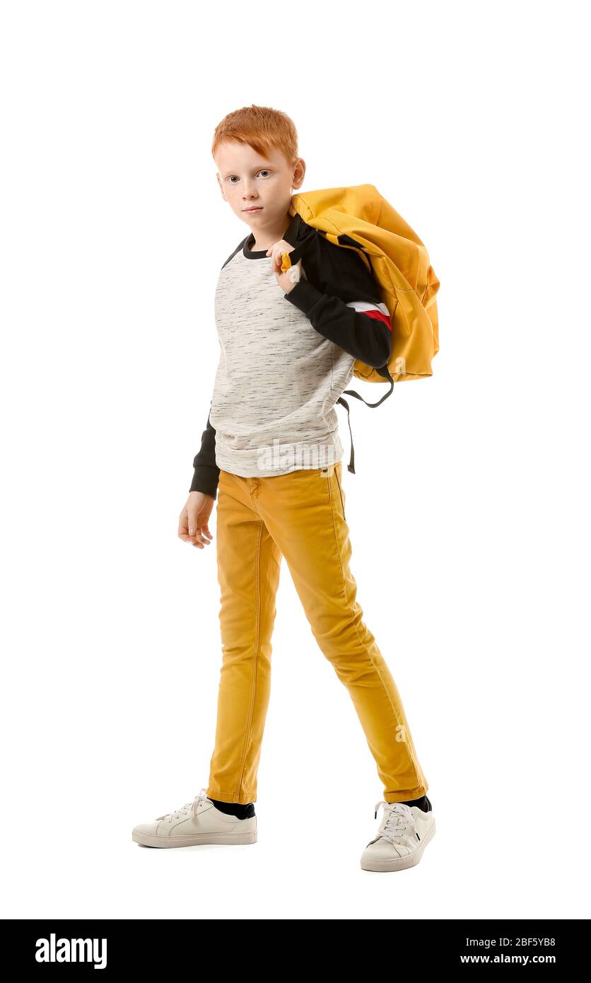 Cute little boy with backpack on white background Stock Photo - Alamy