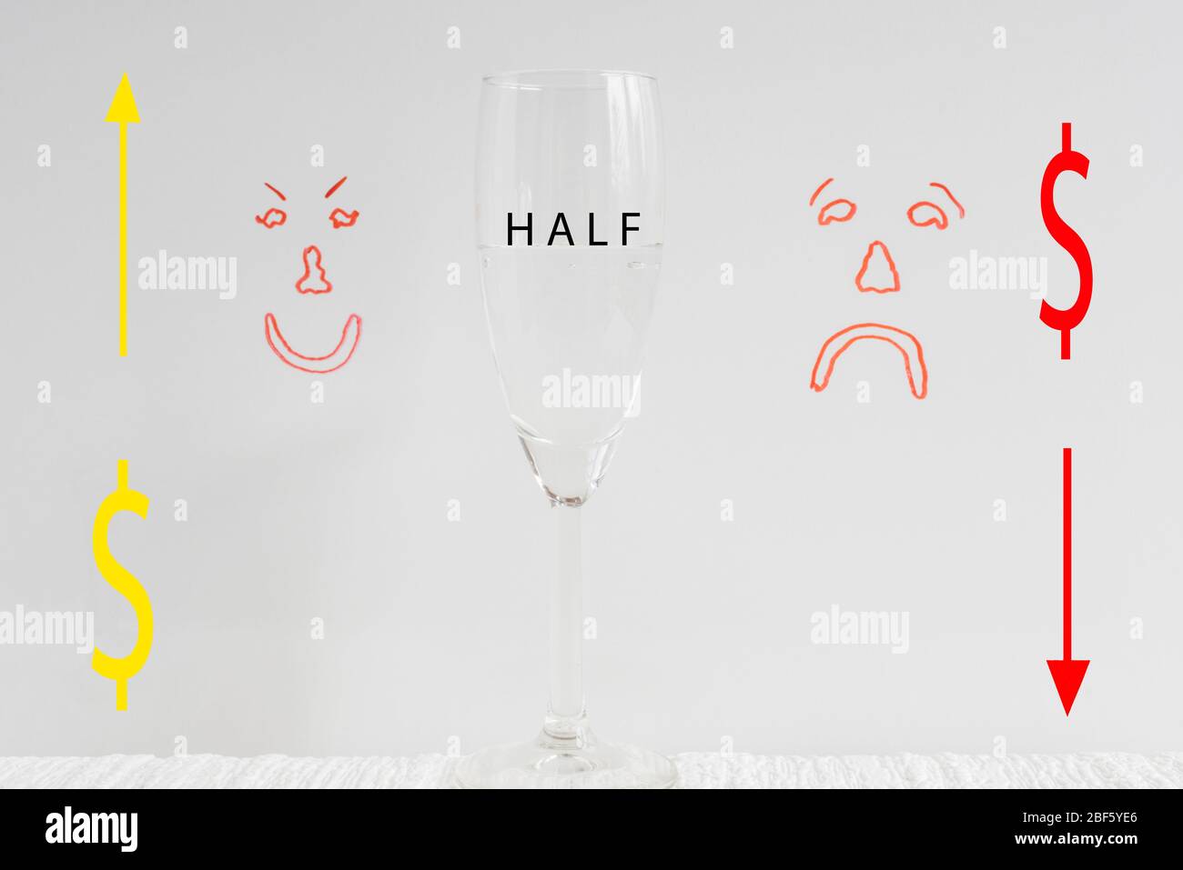 One Wine Glass Half Full With Drawn Dollar Signs Sad And Happy Faces In Background Depicting