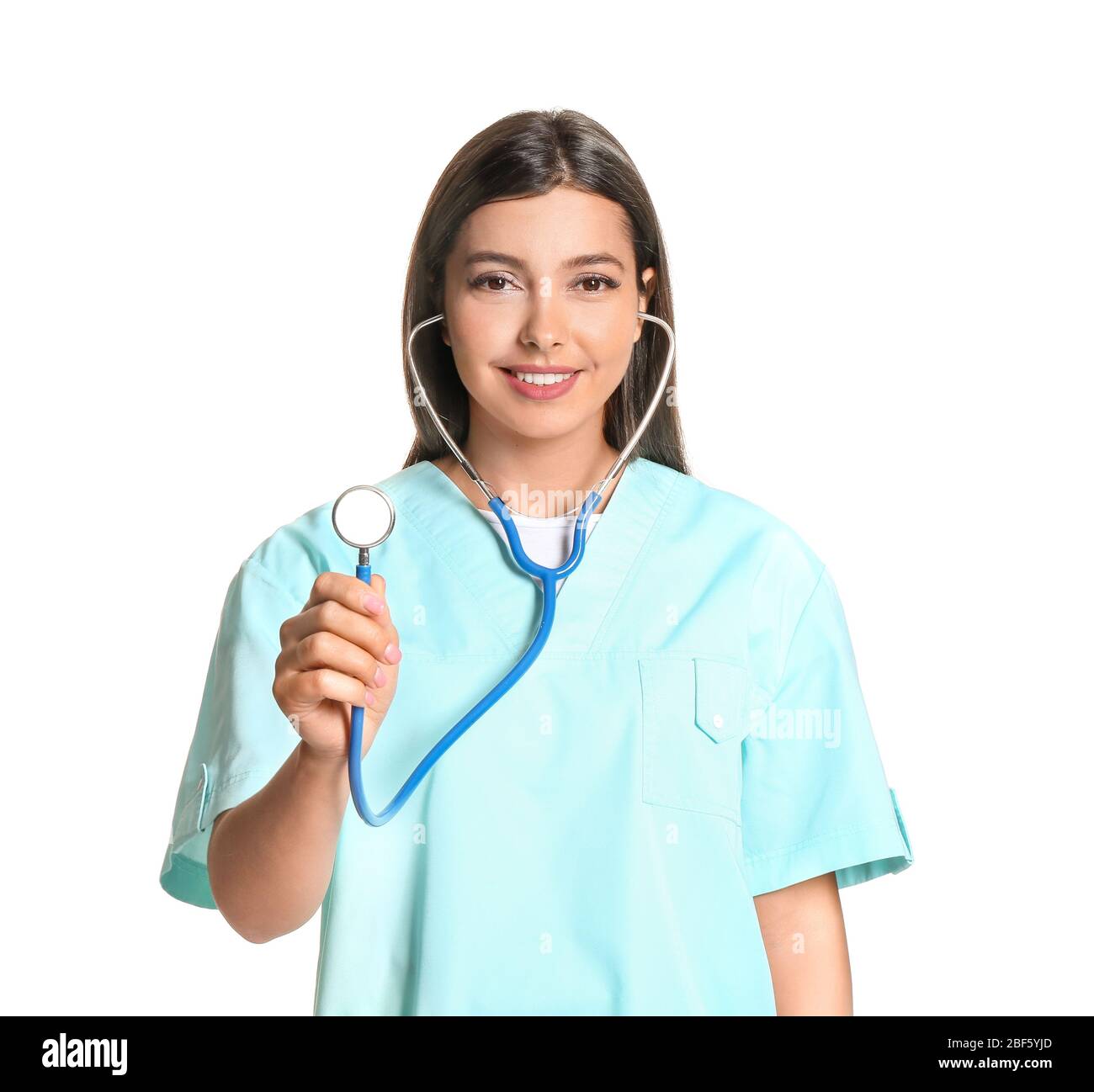 Female cardiologist on white background Stock Photo - Alamy