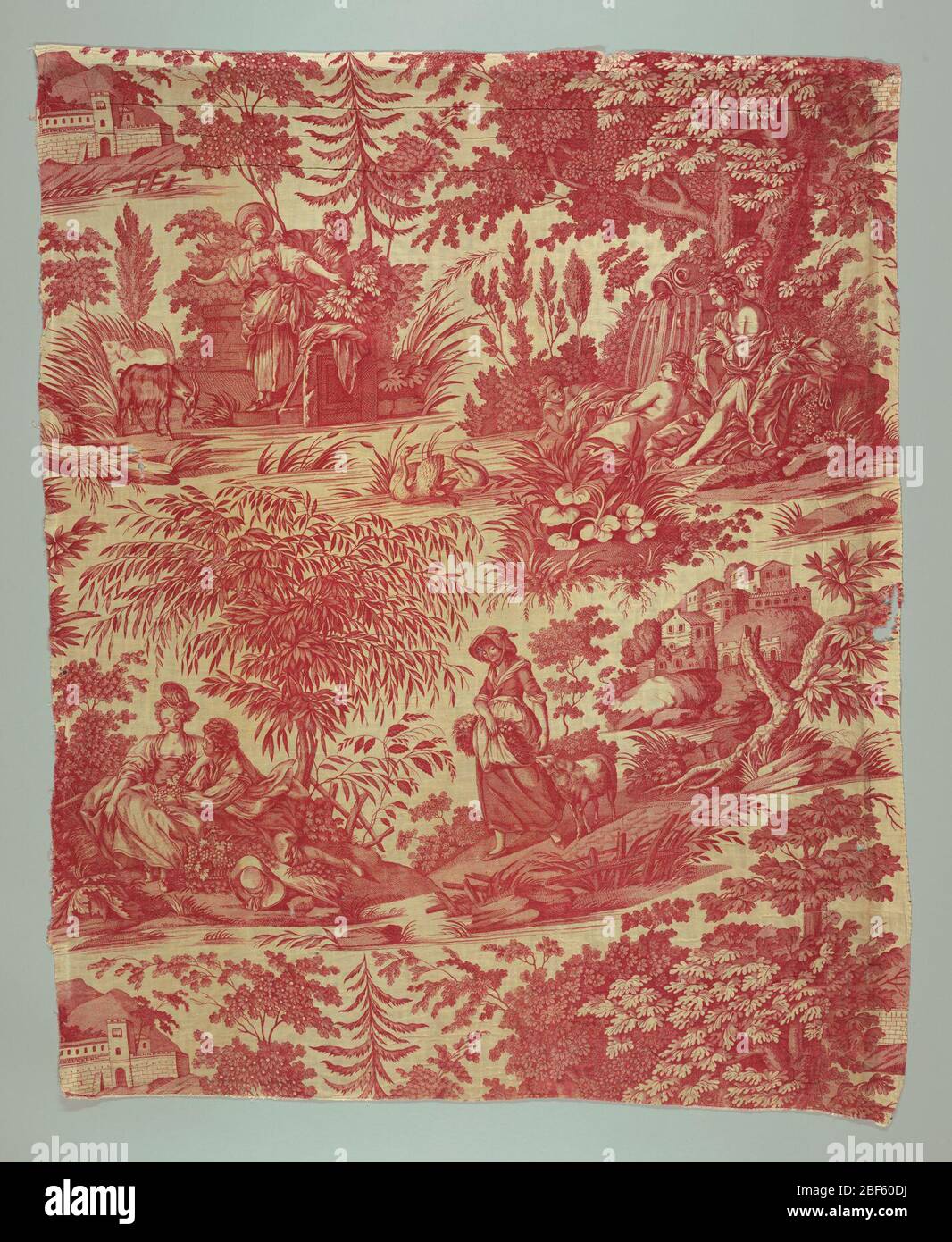 Textile. Three scenes of amorous couples, one of a woman leading a goat ...
