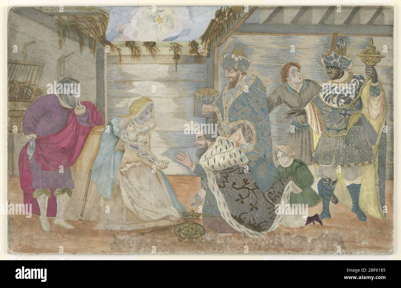 The Adoration of the Magi. Figural scene; within a partially roofed ...