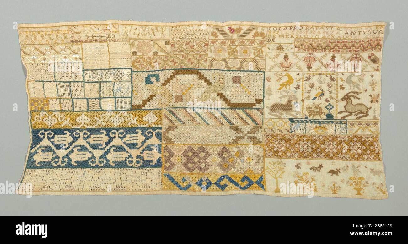 Sampler. Bands of pattern in solid embroidery and in withdrawn element ...