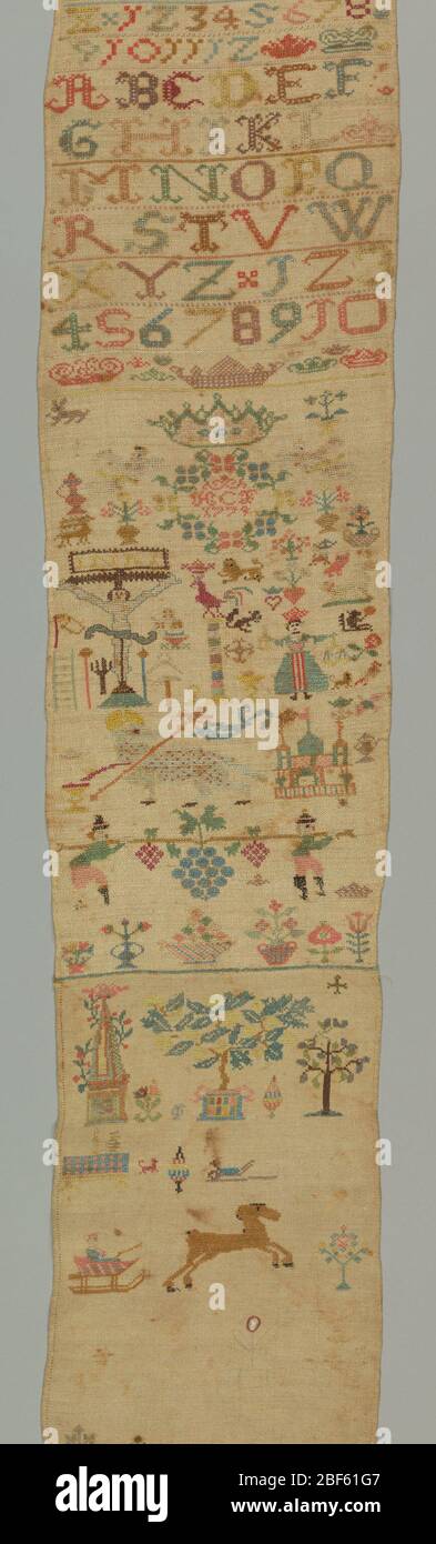 Sampler. Very long vertical sampler with horizontal bands of geometric ...