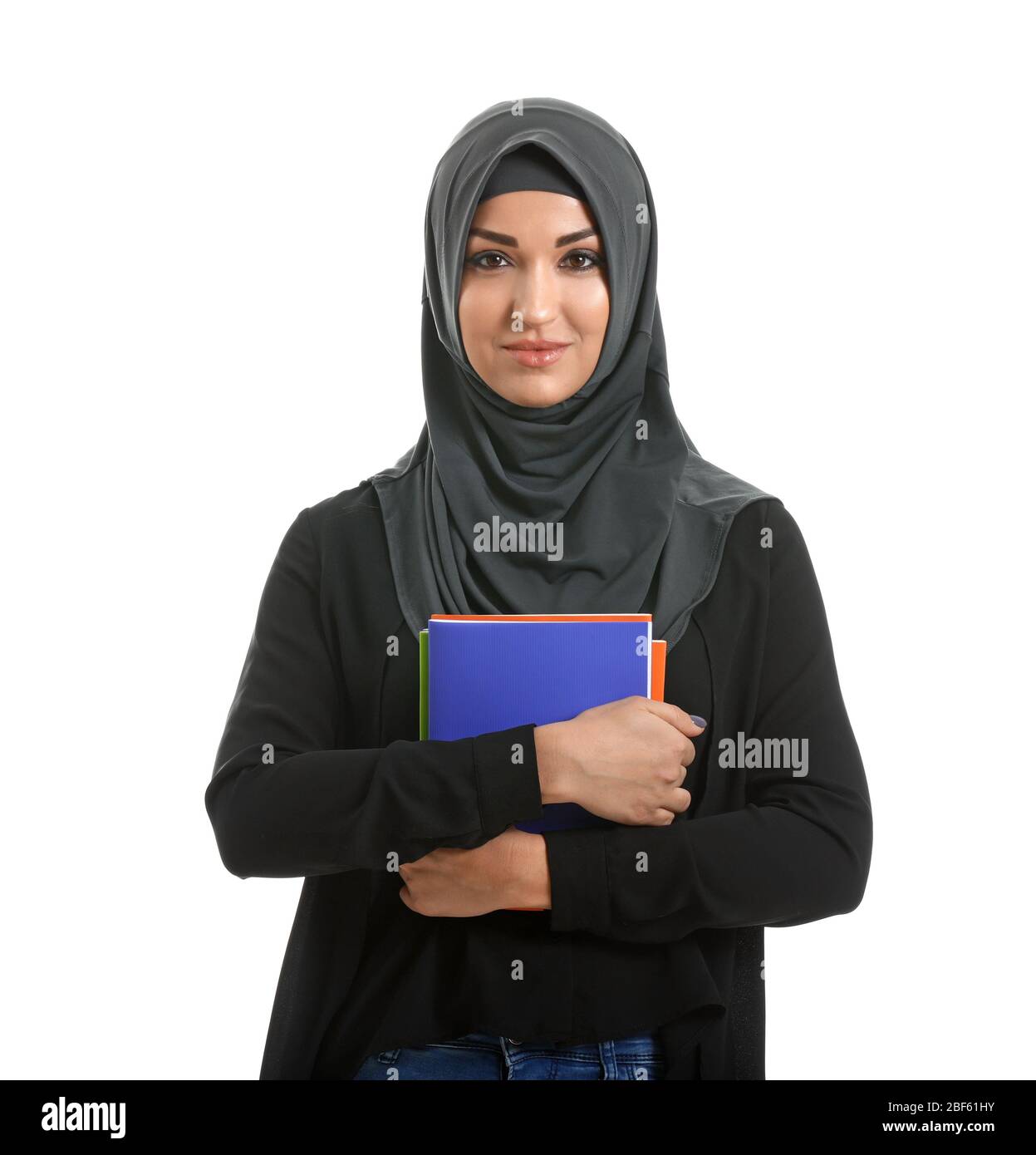 Female Arab student on white background Stock Photo - Alamy