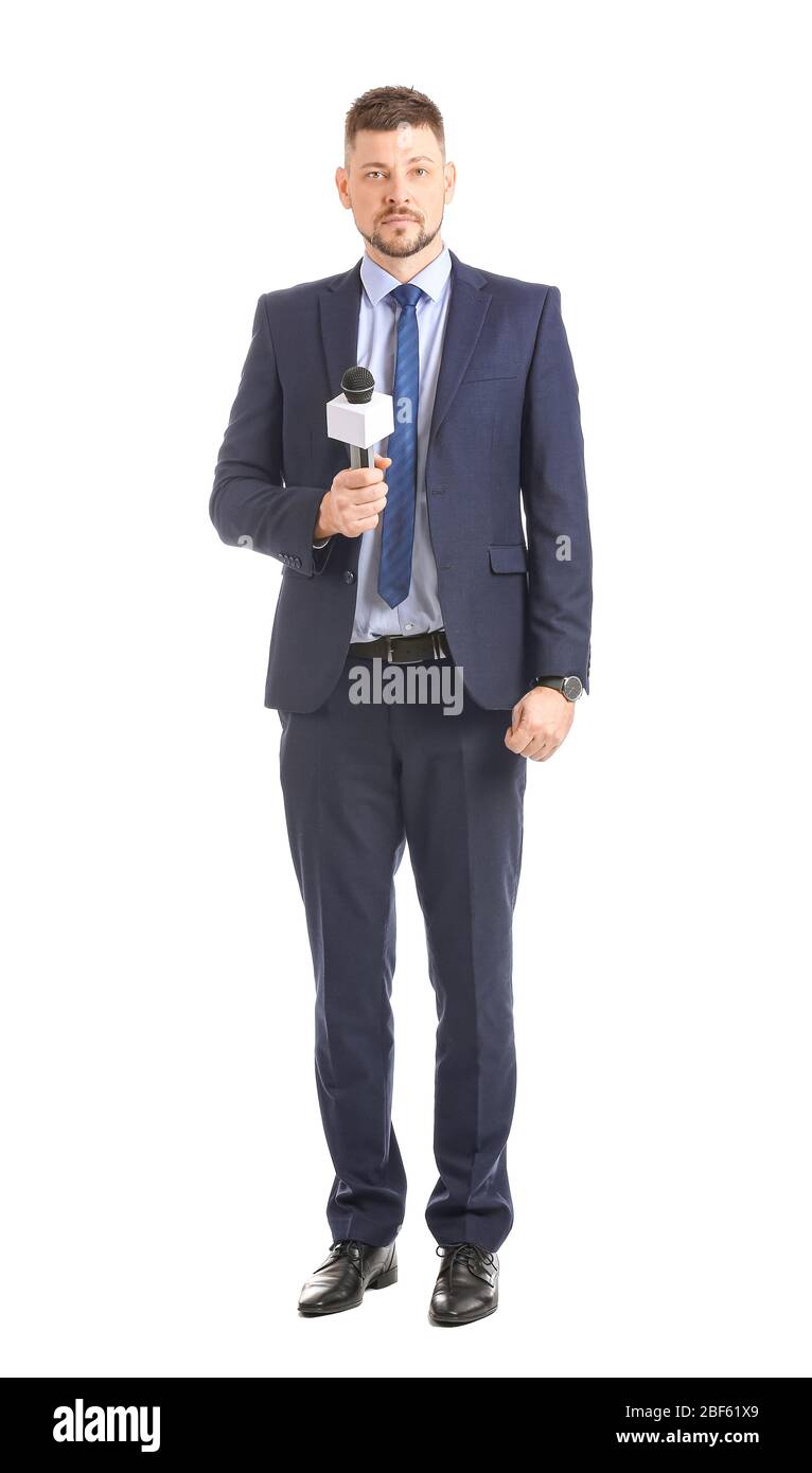 Male journalist with microphone on white background Stock Photo - Alamy