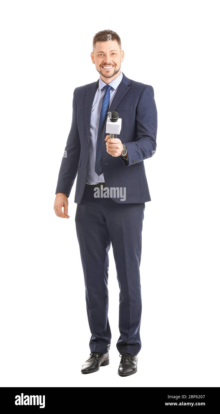 Male journalist with microphone on white background Stock Photo - Alamy