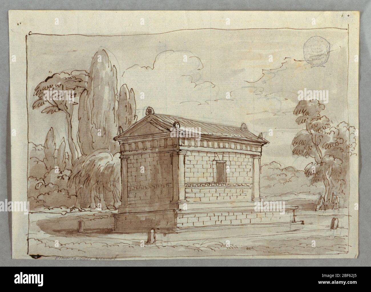 Classical Temple in a Landscape. Temple structure seen from backside ...