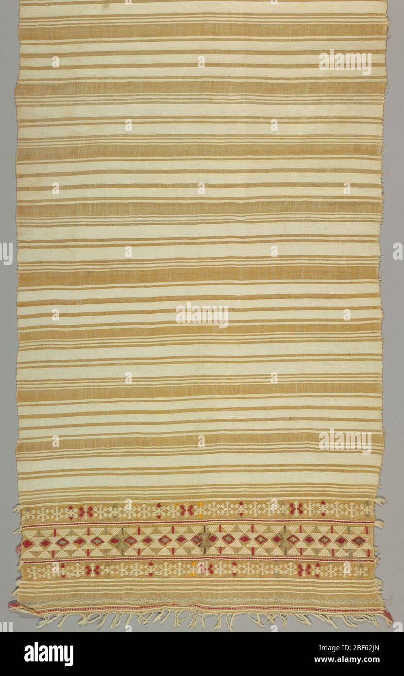 Textile. Horizontal bands of varying widths in heavy white cotton wefts ...