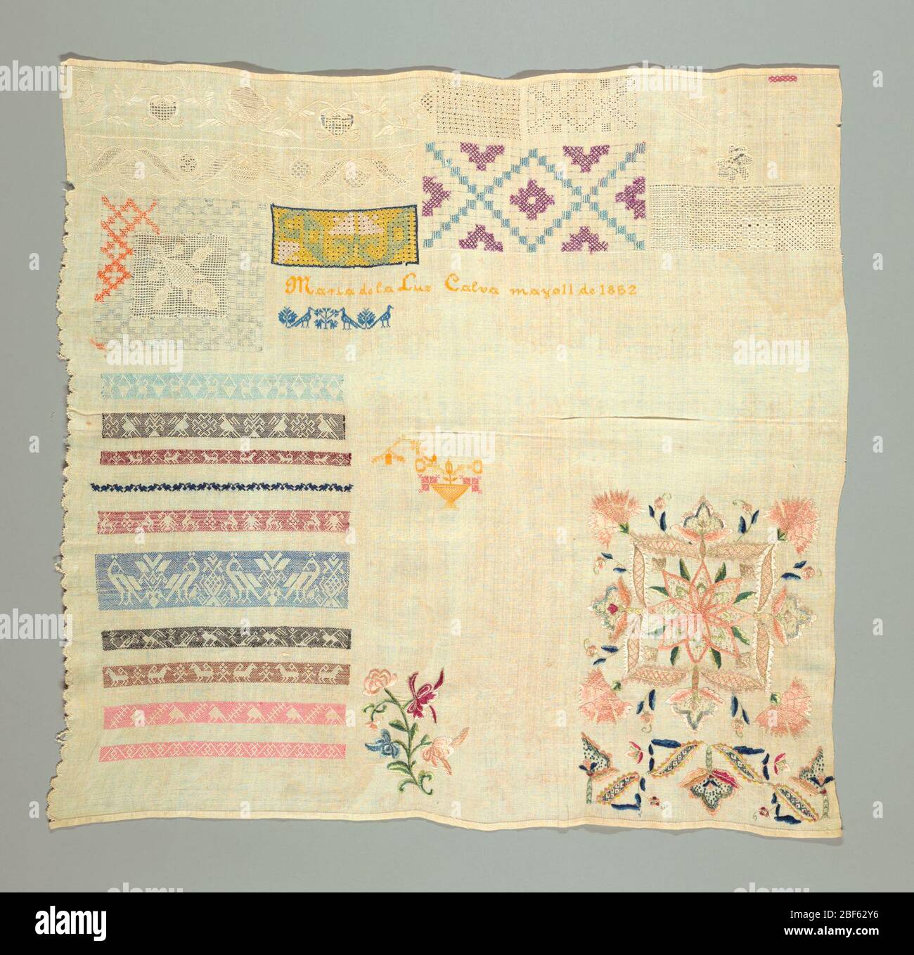 Sampler. Unfinished sampler with horizontal bands of animal patterns in ...
