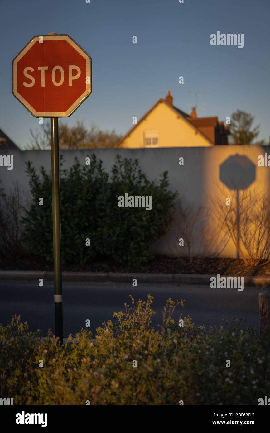 Stop sign with shadow on white wall at sunset Stock Photo - Alamy