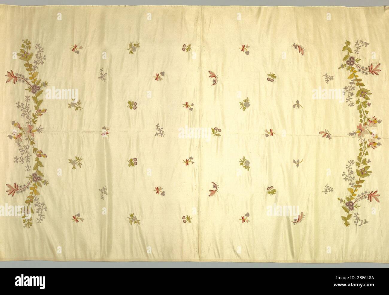Textile. Cream silk plain cloth ground with polychrome silk embroidery ...
