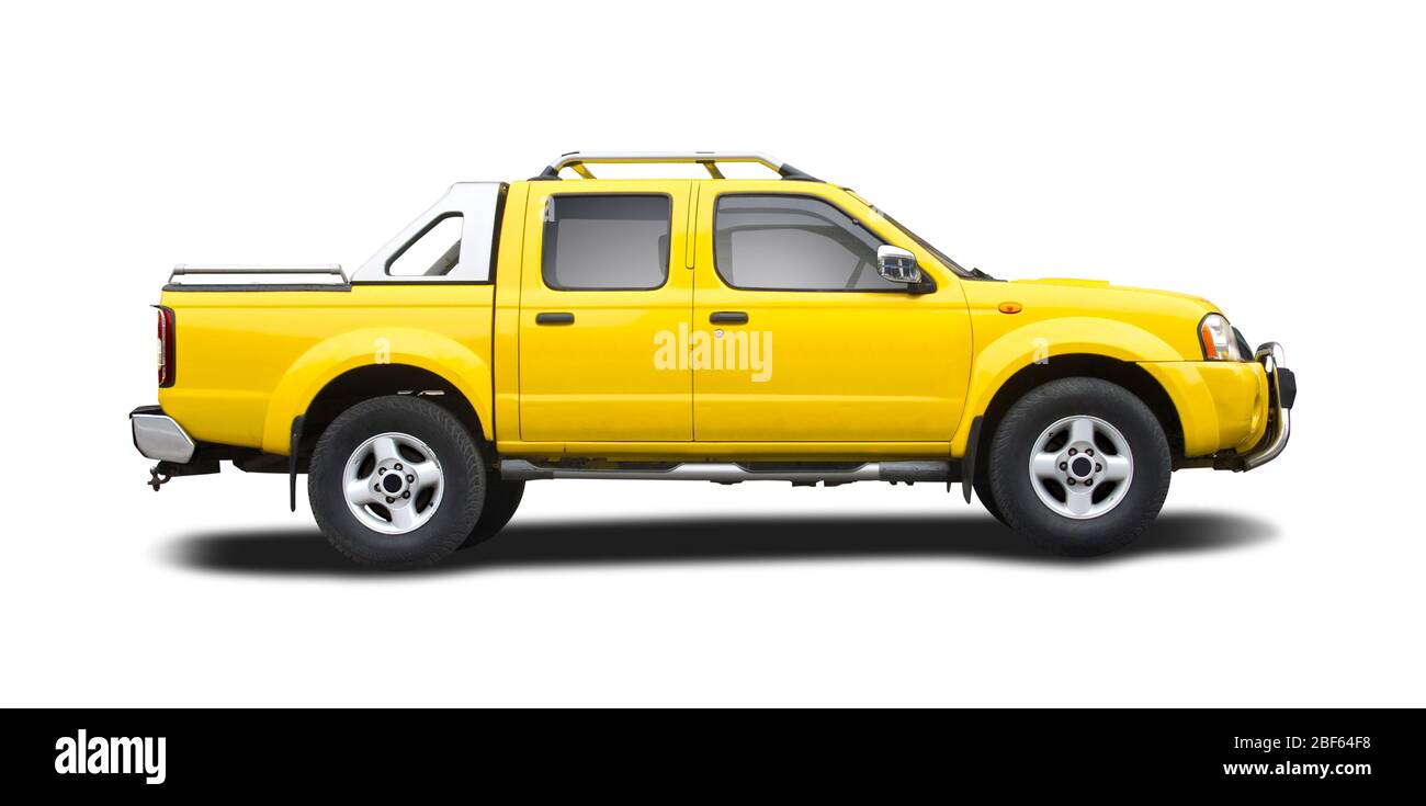 Yellow pick-up truck side view isolated on white Stock Photo - Alamy