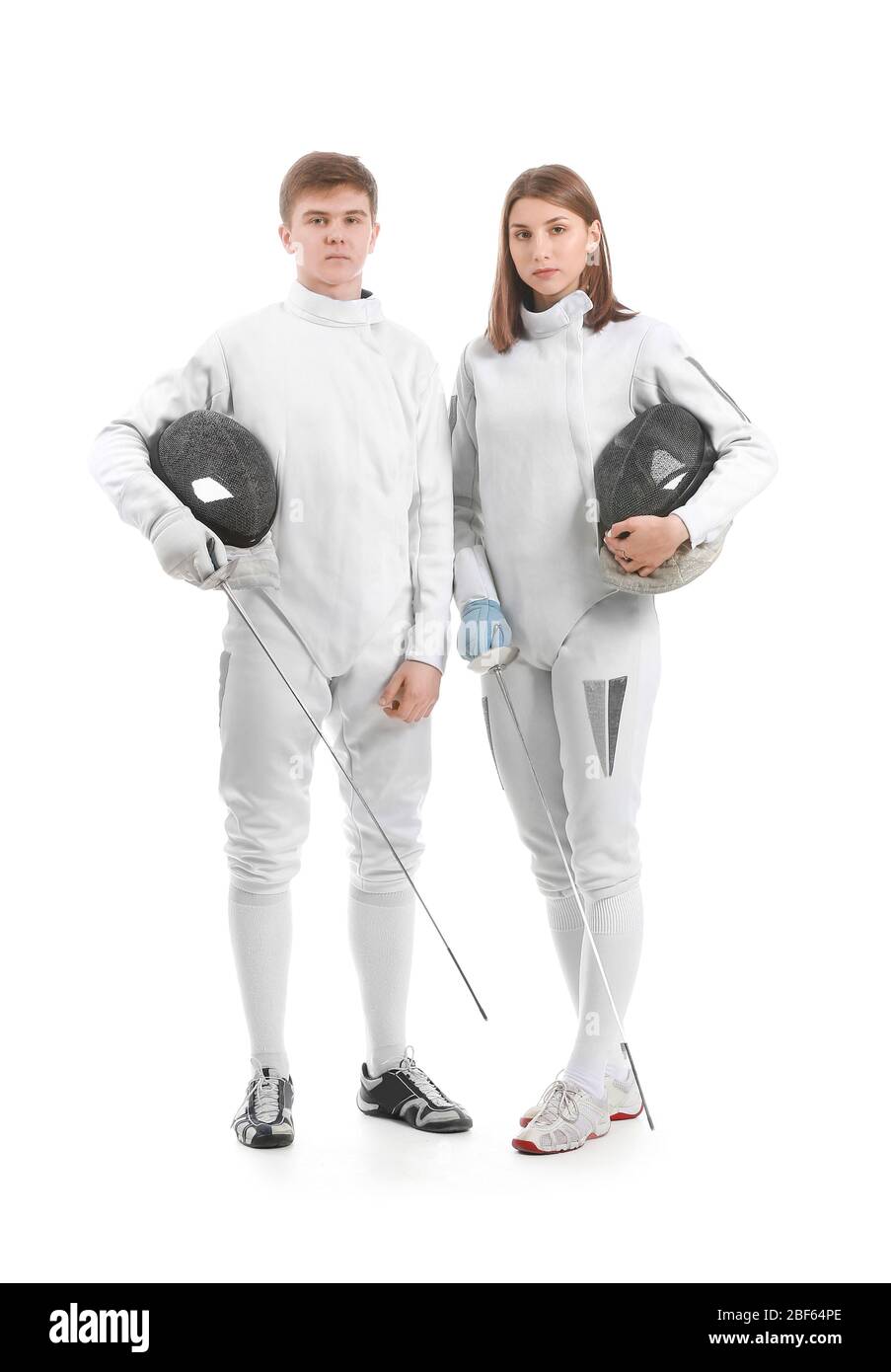 Young fencers on white background Stock Photo - Alamy