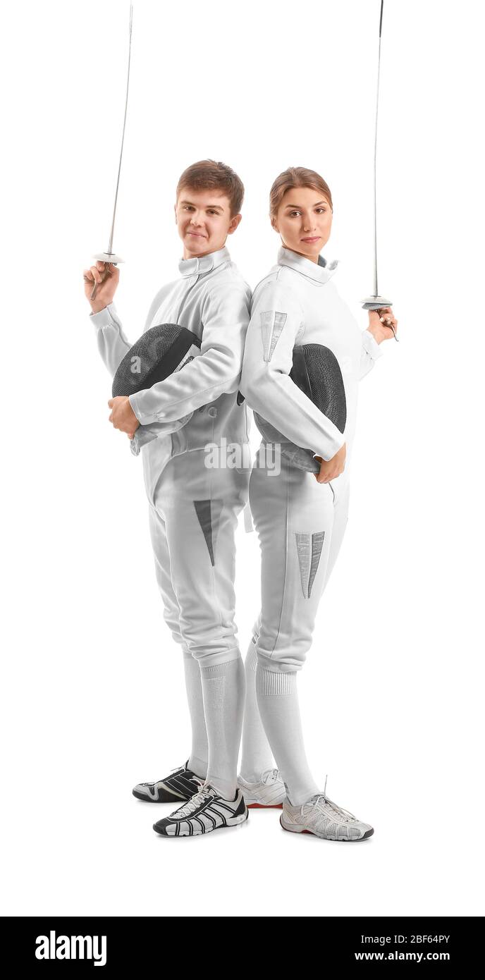 Young fencers on white background Stock Photo - Alamy