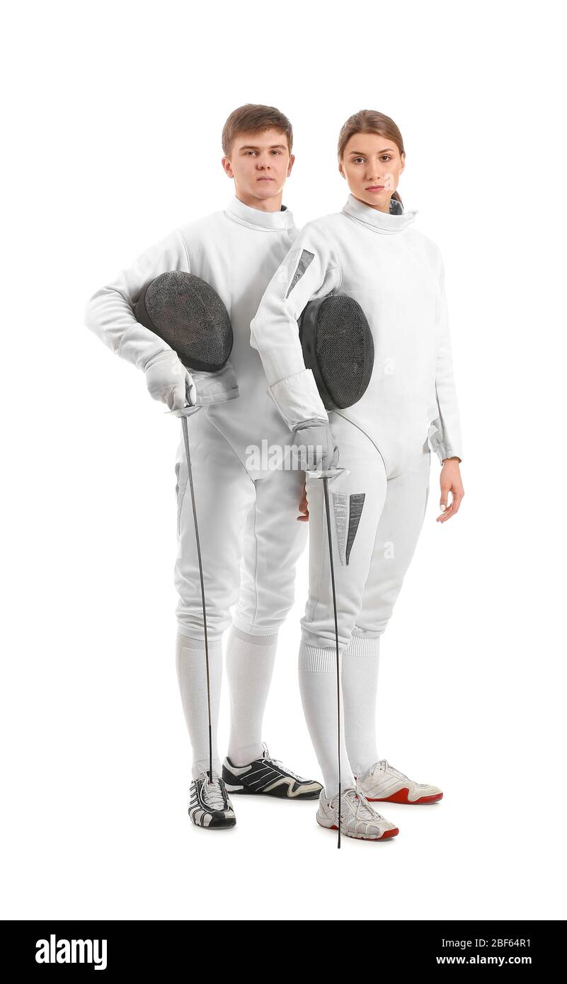 Young fencers on white background Stock Photo - Alamy