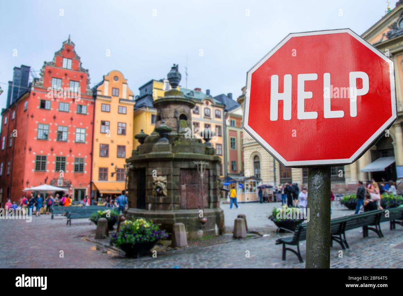 Help stop sign with view of historic old town in Stockholm, Sweden ...