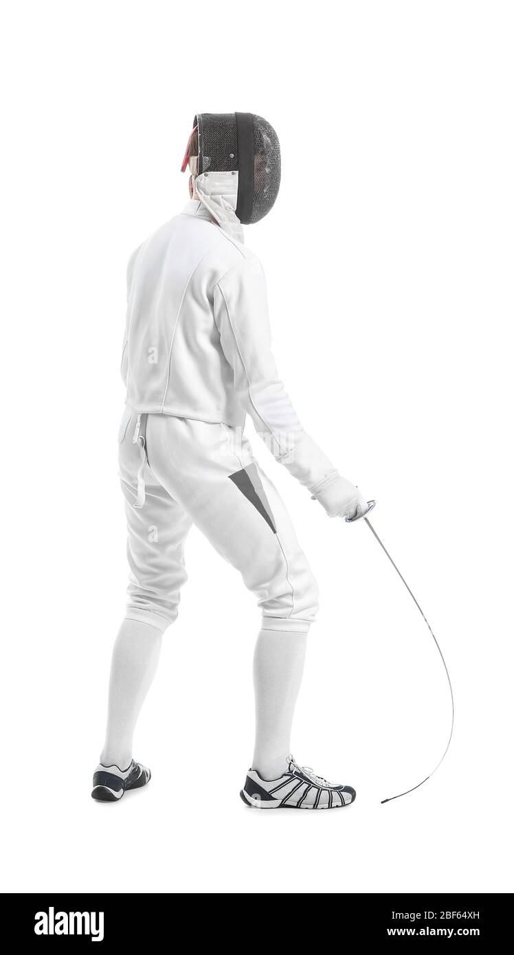 Young fencer on white background Stock Photo - Alamy