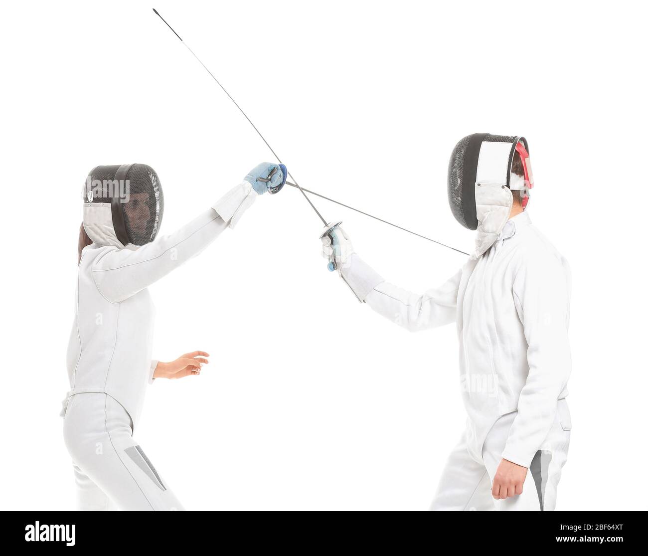 Young fencers on white background Stock Photo - Alamy