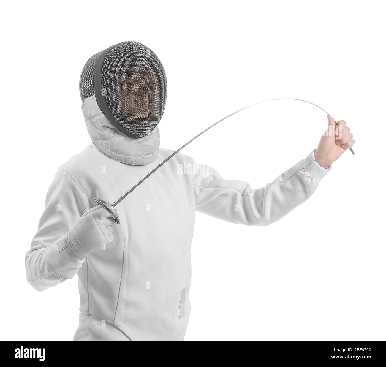 Young fencer on white background Stock Photo - Alamy